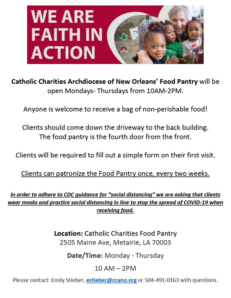 Catholic Charities' Food Pantry will be open Mondays-Thursdays